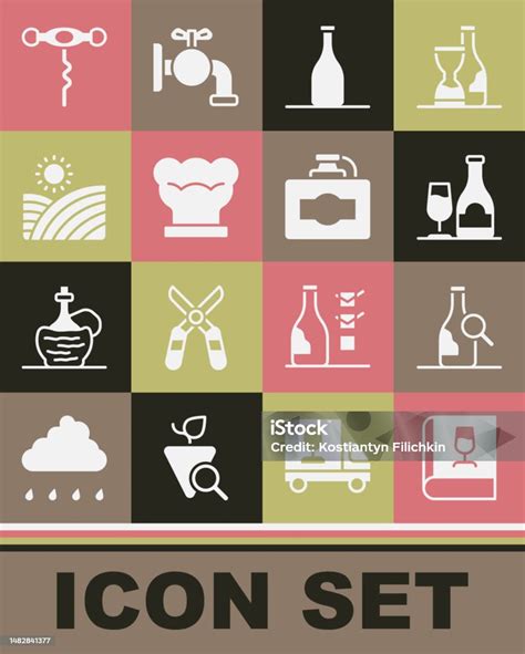 와인 병 유리가 달린 와인 병 요리사 모자 포도원 포도 코르크 마개 및 골판지 상자 아이콘에 대한 책을 설정합니다 벡터 고풍스런에 대한 스톡 벡터 아트 및 기타 이미지