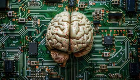 Human Brain Model Resting On A Green Circuit Board With Intricate Electronic Components Stock