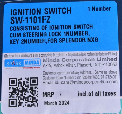 Ignition Switch Cum Handle Lock For Hero Splendor NXG Spark Minda