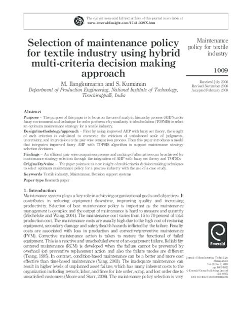 Pdf Selection Of Maintenance Policy For Textile Industry Using Hybrid Multi Criteria Decision