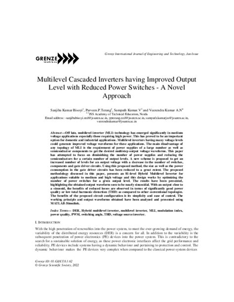 Pdf Multilevel Cascaded Inverters Having Improved Output Level With Reduced Power Switches A