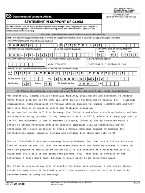 Va Form 21 4138 Pdf United States Department Of Veterans Affairs Office Of Management And