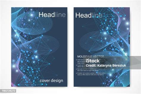 과학 브로셔 디자인 템플릿 벡터 전단지 레이아웃 연결된 선과 점이있는 분자 구조 잡지 전단지 표지 포스터 디자인을위한 요소와 과학 패턴 원자 Dna 책표지에 대한 스톡 벡터
