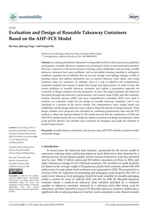 Pdf Evaluation And Design Of Reusable Takeaway Containers Based On The Ahp Fce Model