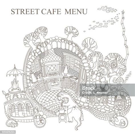 벡터 윤곽 얇은 선 그림입니다 오래된 중세 동굴 부엌에서 동화 지하 드래곤 짐승 가족 거리 음식 카페 흑백 스케치 성인 색칠 공부 페이지 티셔츠 프린트 0명에 대한 스톡