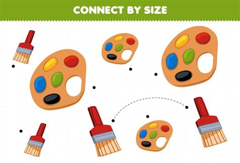 아이들을 위한 교육용 게임은 귀여운 만화 브러시와 팔레트 인쇄 가능한 도구 워크시트의 크기로 연결됩니다 프리미엄 벡터