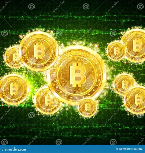 Golden Bit Coins Flying On Green Information Noise Background Stock