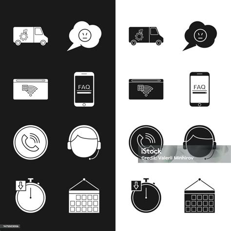 Faq 정보 인터넷 연결 없음 자동차 서비스 말풍선 화난 미소 전화 통화 남자 헤드셋 캘린더 및 스톱워치 아이콘으로 모바일을 설정합니다 벡터 검은색에 대한 스톡 벡터 아트
