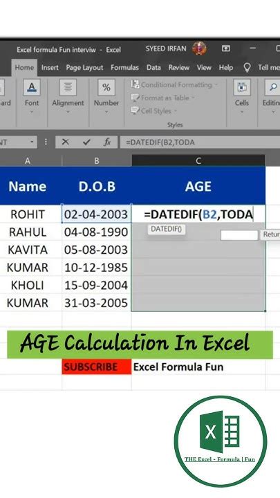 age calculate excel interview questions viral shorts ytshorts