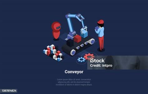 창고 공장 생산 제조 공정 생산 자동화의 개념 균일한 로봇 및 기술자는 조립 컨베이어의 로봇 팔을 제어합니다 등도 3d 벡터 일러스트레이션 등측투영법에 대한 스톡 벡터 아트