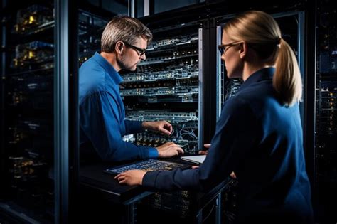 Premium AI Image Female And Male It Engineers Discussing Technical Details In A Working Data Cente