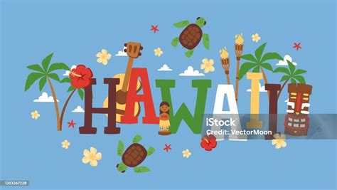 하와이 타이포그래피 벡터 일러스트레이션 여행사 브로셔 커버 투어 소책자 이국적인 열대 섬에서 여름 휴가 플랫 스타일의 하와이 아이콘 거북이에 대한 스톡 벡터 아트 및 기타