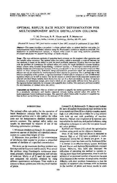 Pdf Optimal Reflux Rate Policy Determination For Multicomponent Batch Distillation Columns