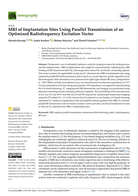 Pdf Mri Of Implantation Sites Using Parallel Transmission Of An Optimized Radiofrequency