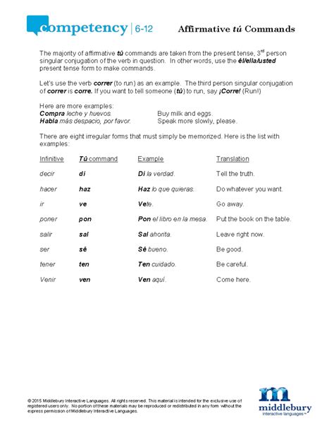 Affirmative tu comands pdf Affirmative tú Commands Middlebury Interactive Languages