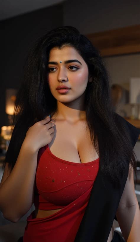 Indian 22 Year Old Voluptuos Wearing Red And Black Designer Saree