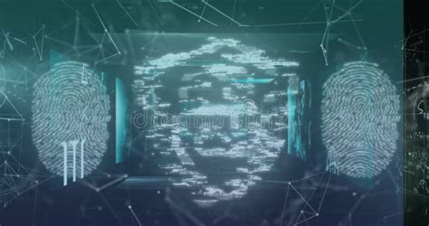 Image Of Digital Shield With Padlock And Fingerprints Over Connections And Binary Code Stock