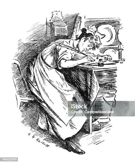 영국 풍자 만화 만화 캐리 커 처 일러스트펜과 잉크와 책상에서 여자 일러스트레이션에 대한 스톡 벡터 아트 및 기타 이미지 일러스트레이션 기록보관용 고풍스런 Istock
