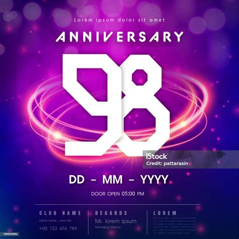 보라색 추상 미래 공간 배경에 98 주년 기념 로고 템플릿입니다 하이테크 네트워크 디지털 기술 개념 설계 요소로 숫자를 축하하는 98 번째 현대 기술 디자인 광고에 대한