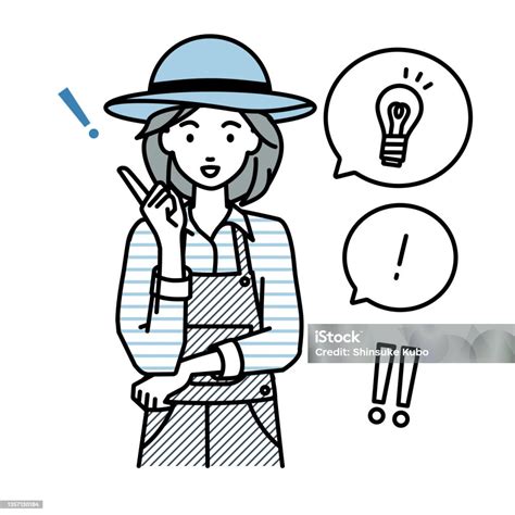 포인팅 핸드 제스처 전구와 느낌표 기호 세트와 함께 서 좋은 아이디어를 받고 농부 여자 가리키기에 대한 스톡 벡터 아트 및 기타 이미지 가리키기 농부 농업 Istock