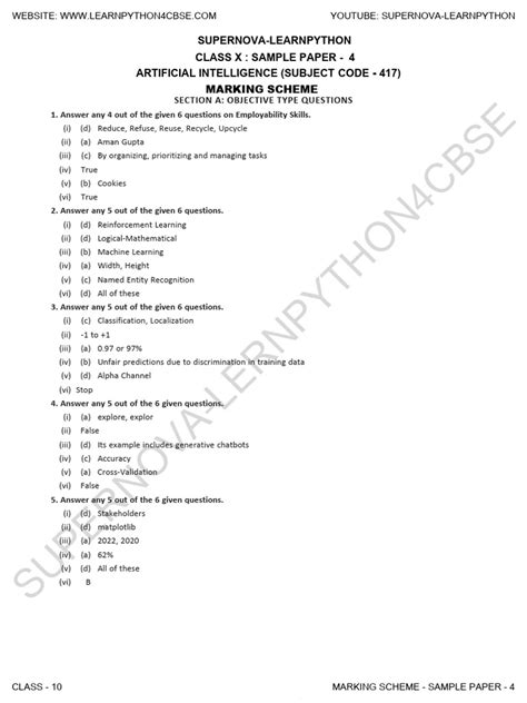 Class 10 Ai Sample Paper 4 Ms Pdf Machine Learning Artificial