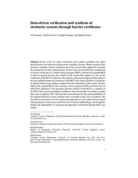 Pdf Data Driven Verification And Synthesis Of Stochastic Systems Through Barrier Certificates