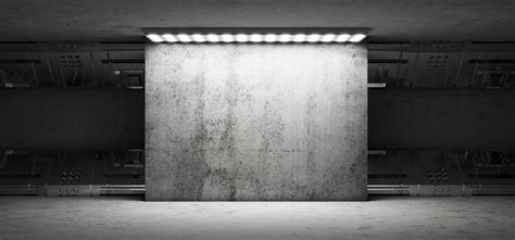 격납고 차고 미래 지향적 인 복도 전시실 금속 Led 조명 투광 조명 미래 지향적인 배경 터널 기술 배경 3d 렌더링 거친에 대한 스톡 사진 및 기타 이미지 Istock