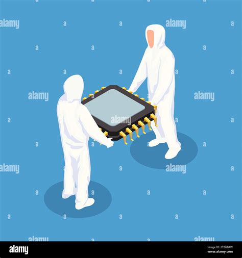 Semiconductor Isometric Design Concept With Two Men In White Protective