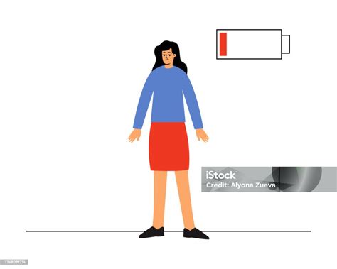 에너지가 없는 여자 배터리가 충전되지 않습니다 소진 우울증의 개념 정신 적 문제 피곤하고 지친 여자 벡터 일러스트레이션 가공의 인물에 대한 스톡 벡터 아트 및 기타 이미지