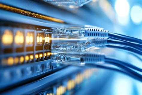 Close Up Of Ethernet Cables With Clear Connectors Plugged Into A Network Switch Representing