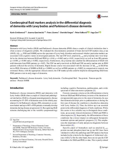 Pdf Cerebrospinal Fluid Markers Analysis In The Differential
