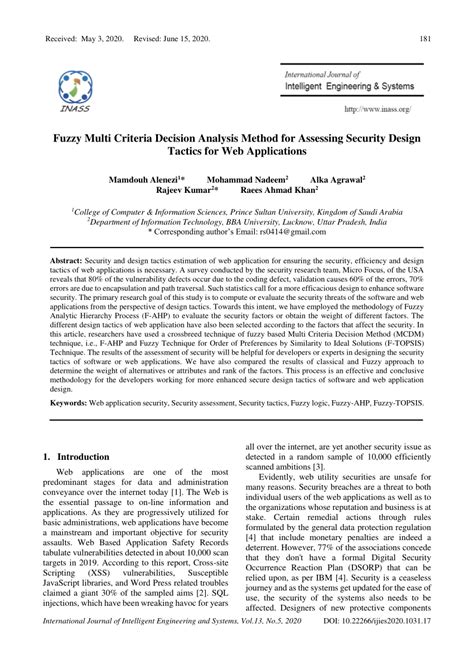 Pdf Fuzzy Multi Criteria Decision Analysis Method For Assessing Security Design Tactics For