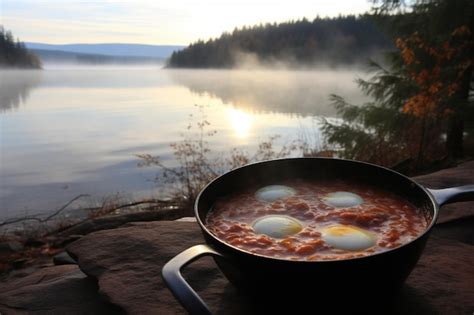 Shakshuka On A Misty Lakeside Yummy Delicious Shakshuka Food Image