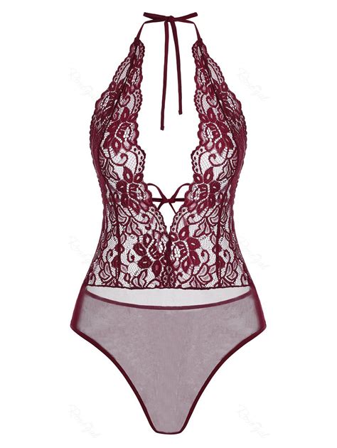 Plus Size Halter Lace And Mesh Teddy 30 Off Rosegal