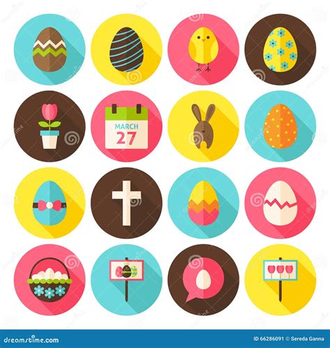 Happy Easter Circle Icons Set With Long Shadow Stock Vector