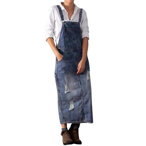 Apexfwdt Womens Distressed Denim Overall Dress Adjustable Strap Casual