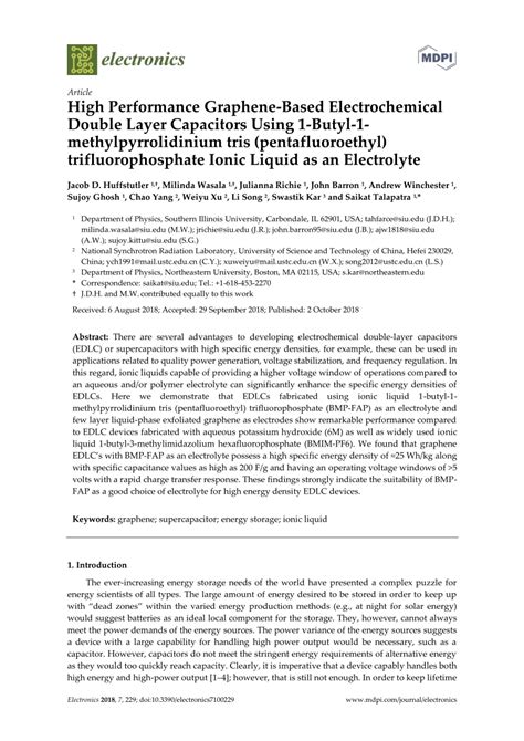 Pdf High Performance Graphene Based Electrochemical Double Layer Capacitors Using 1 Butyl 1