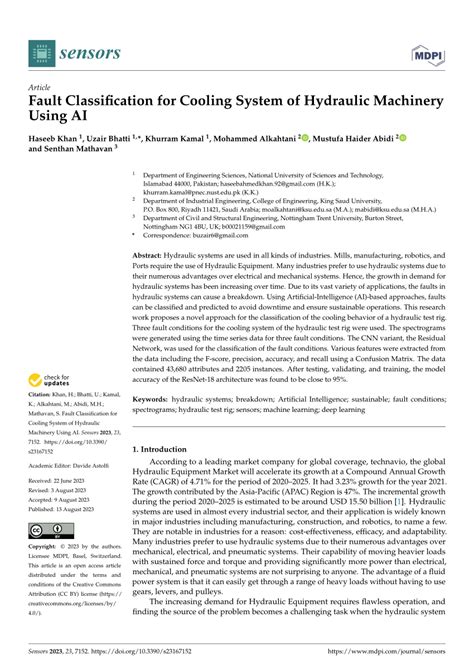 Pdf Fault Classification For Cooling System Of Hydraulic Machinery Using Ai