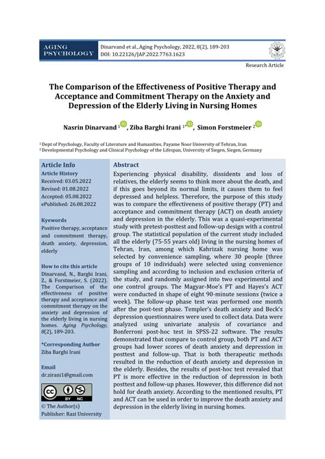 Pdf The Comparison Of The Effectiveness Of Positive Therapy And Acceptance And Commitment