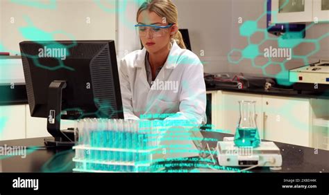 Image Of Medical Data Processing Against Caucasian Female Scientist Using Computer At Laboratory