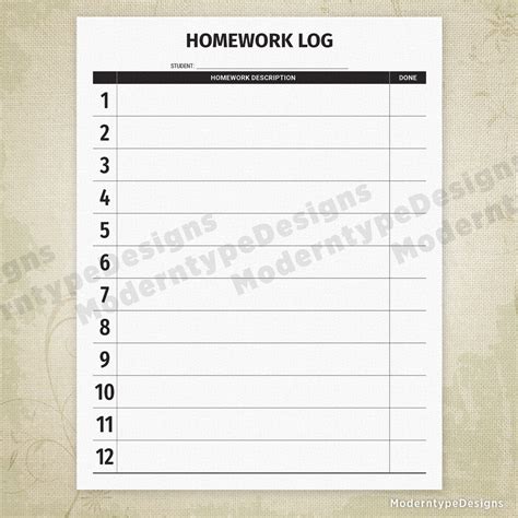 Homework Log Printable 3
