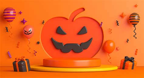 해피 할로윈 서클 디스플레이 연단 장식 배경 잭 오 랜턴 호박 선물 상자 풍선 제품 디스플레이 모형 3d 렌더링 그림 상에 대한 스톡 사진 및 기타 이미지 Istock