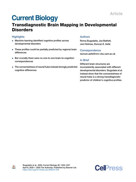 Transdiagnostic Brain Mapping In Developmental Disorders 2020 Current Biolog Pdf