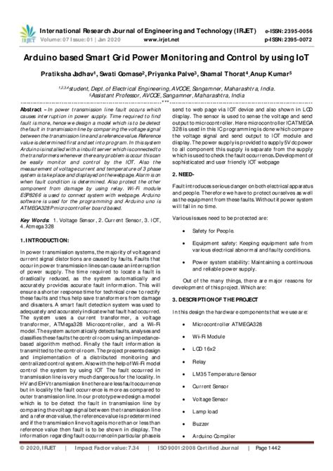 Pdf Irjet Arduino Based Smart Grid Power Monitoring And Control By Using Iot