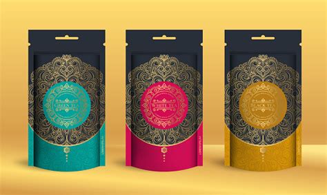 지퍼 파우치 백 모형을 사용한 차 포장 디자인 세트 벡터 장식 템플릿입니다 우아하고 고전적인 요소 음식 음료 및 기타 패키지 유형에 적합합니다 배경 과 벽지에 사용할 수