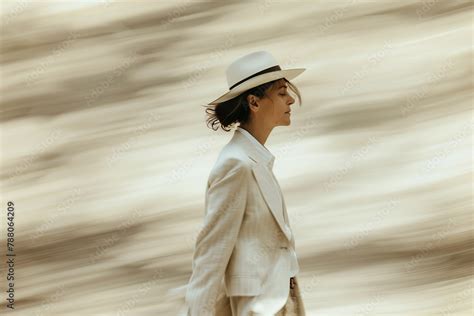 Foto De 옆모습의 여성 모자를 쓰고 잘 맞는 흰색 정장을 입고 걷는 익명의 여성 잇걸 천연 섬유 수공예 아름다움 베이지와 흰색 느린 셔터 속도 흐림