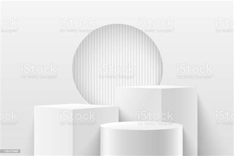 현대 웹 사이트에 제품에 대한 추상 큐브 및 원형 디스플레이 포디움과 최소한의 흰색 텍스처 벽 장면 3d 렌더링 기하학적 모양 회색 으로 배경 렌더링 벡터 일러스트레이션 1