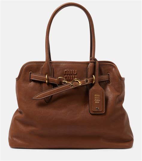 Aventure Large Leather Tote Bag In Brown Miu Miu Mytheresa