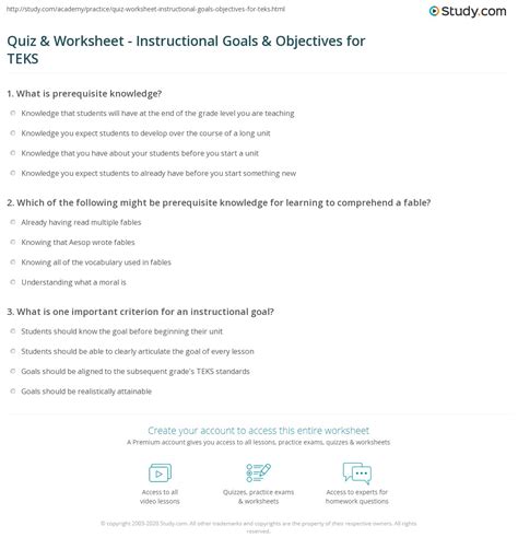 Quiz And Worksheet Instructional Goals And Objectives For Teks