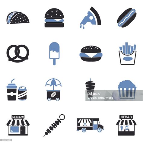 길거리 음식 아이콘 투 톤 플랫 디자인 벡터 일러스트레이션 검은색에 대한 스톡 벡터 아트 및 기타 이미지 검은색 피자 흰색 Istock